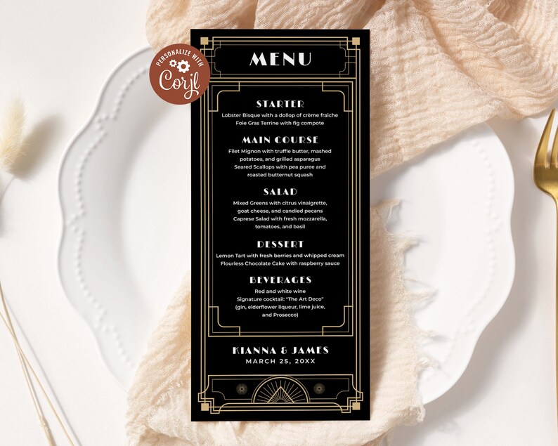 Gatsby Menu Template EDITABLE Art Deco Wedding Menu Cards - Etsy