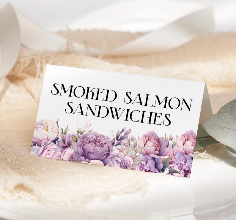 Purple Floral Tea Party Food Labels Template EDITABLE, High Tea Place ...