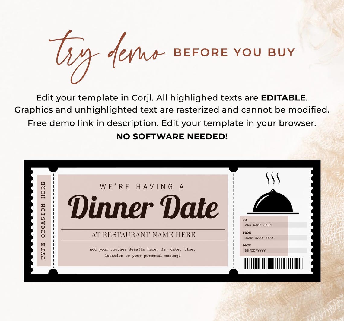 Dinner Date Gift Certificate EDITABLE, Restaurant Reservation Voucher ...