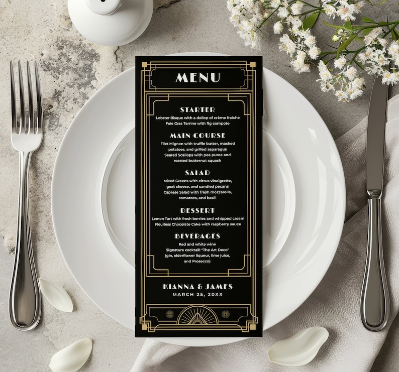Gatsby Menu Template EDITABLE, Art Deco Wedding Menu Cards, Roaring 20s ...