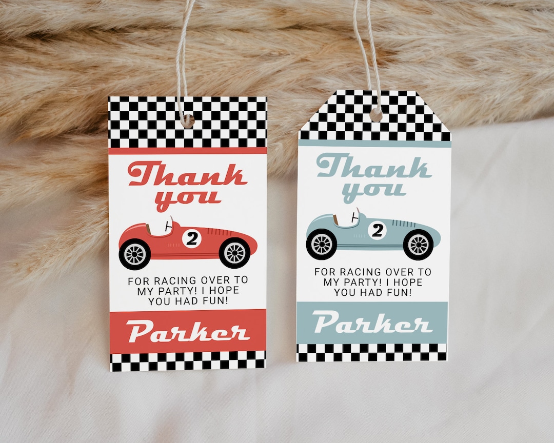 Vintage Race Car Party Favor Tag EDITABLE, Racing Birthday Thank You ...