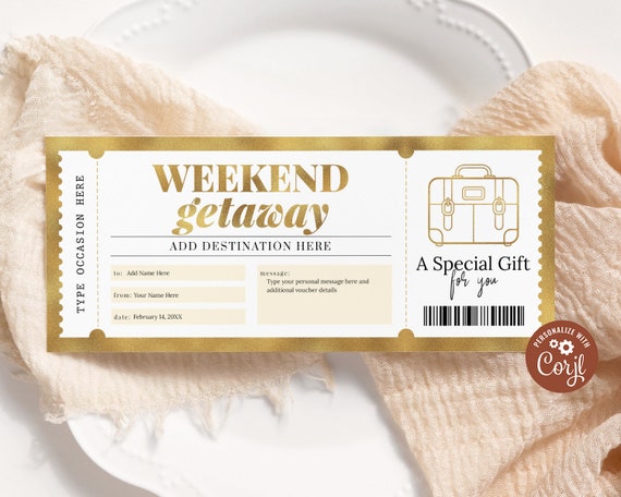 Weekend Getaway Gold Voucher EDITABLE, Weekend Away Trip Ticket ...