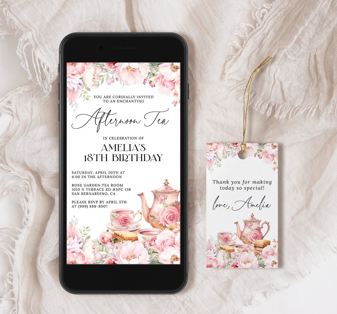 Afternoon Tea Birthday Electronic Invitation EDITABLE, Blush Pink ...
