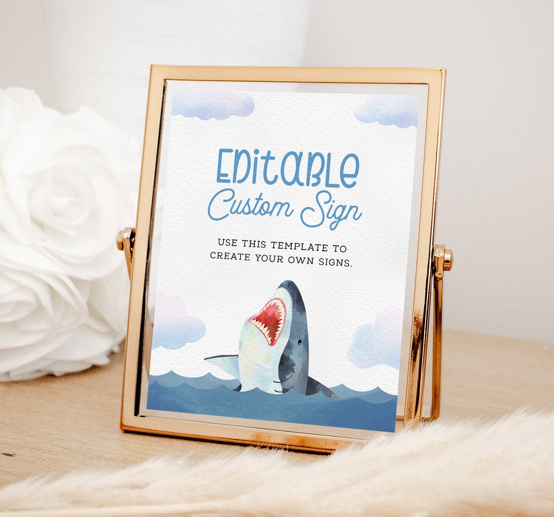 Custom Shark Birthday Sign EDITABLE, Shark Party Table Sign Printable ...