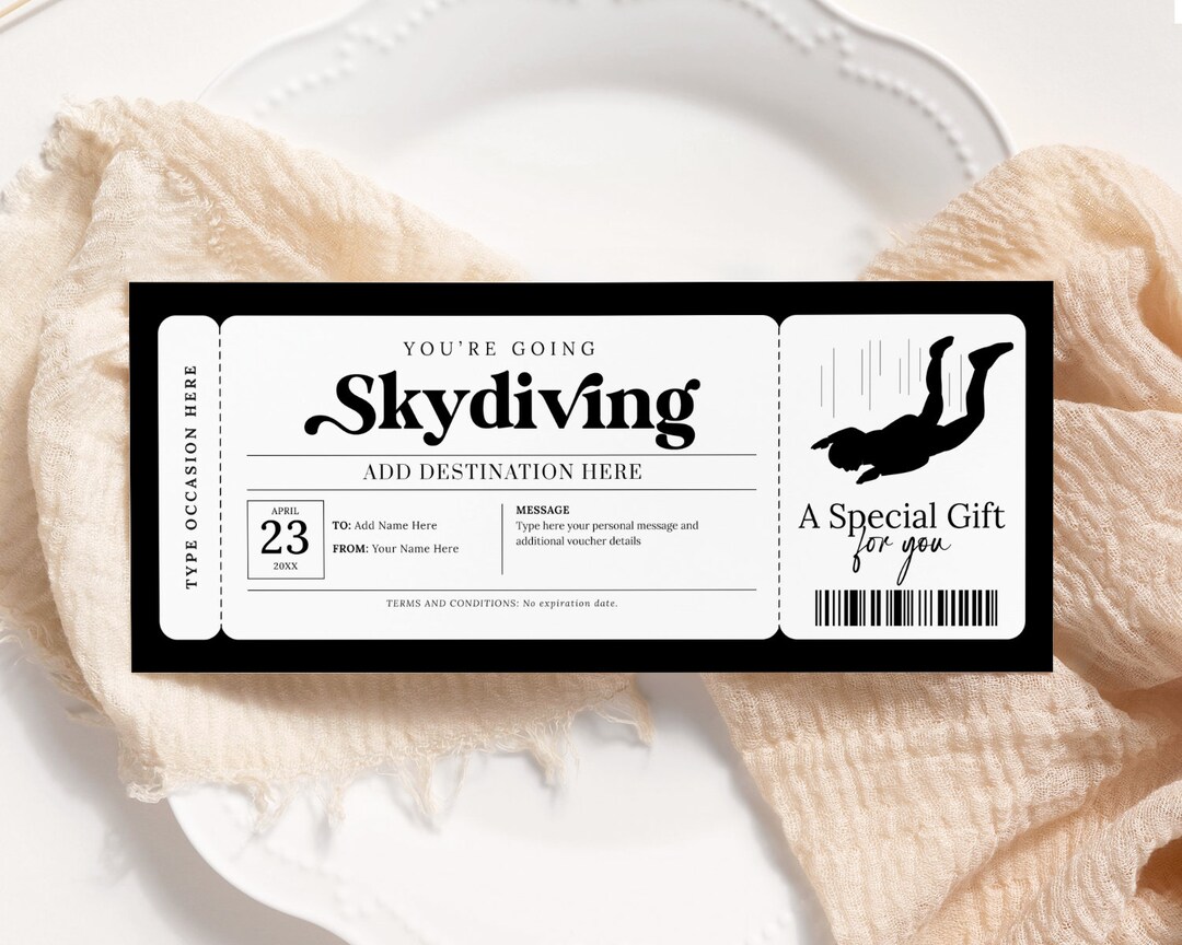 Skydiving Ticket Voucher EDITABLE, Surprise Skydiving Experience Gift ...