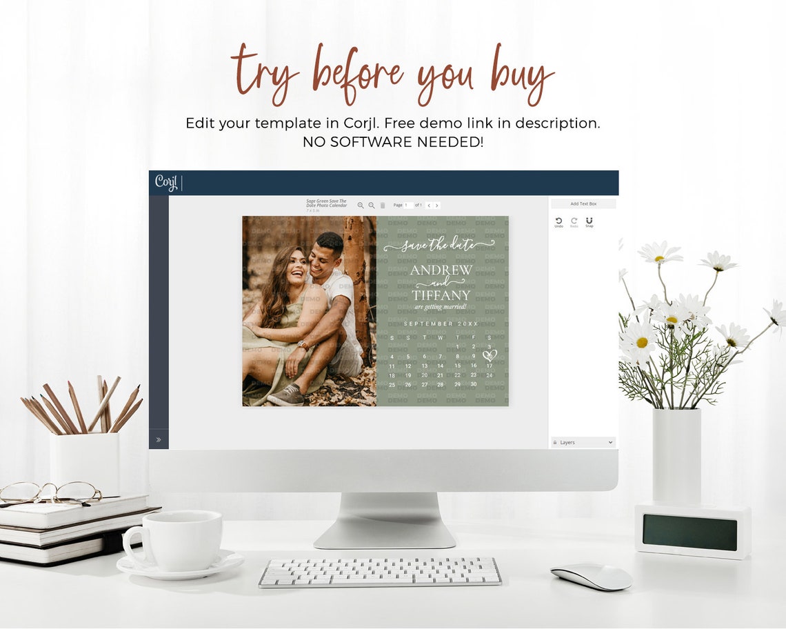 Sage Green Photo Calendar Save the Date Editable Botanical - Etsy