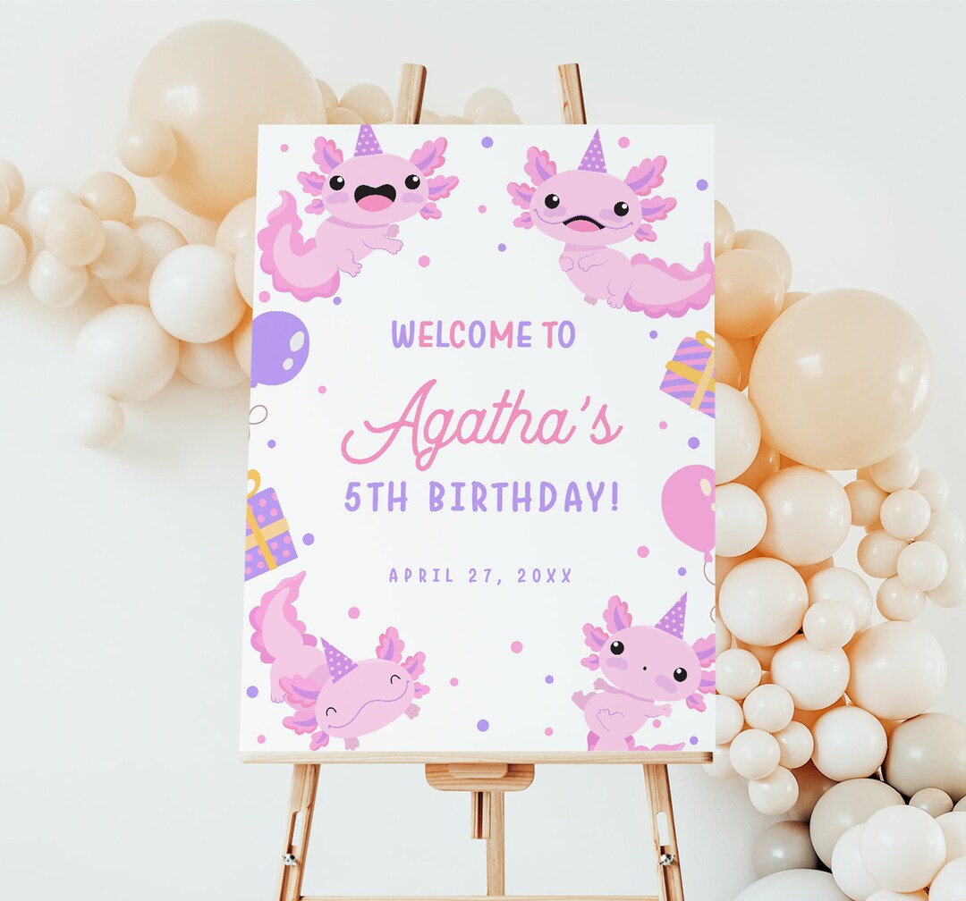 Axolotl Birthday Welcome Sign EDITABLE, Pink Cute Axolotl Birthday ...