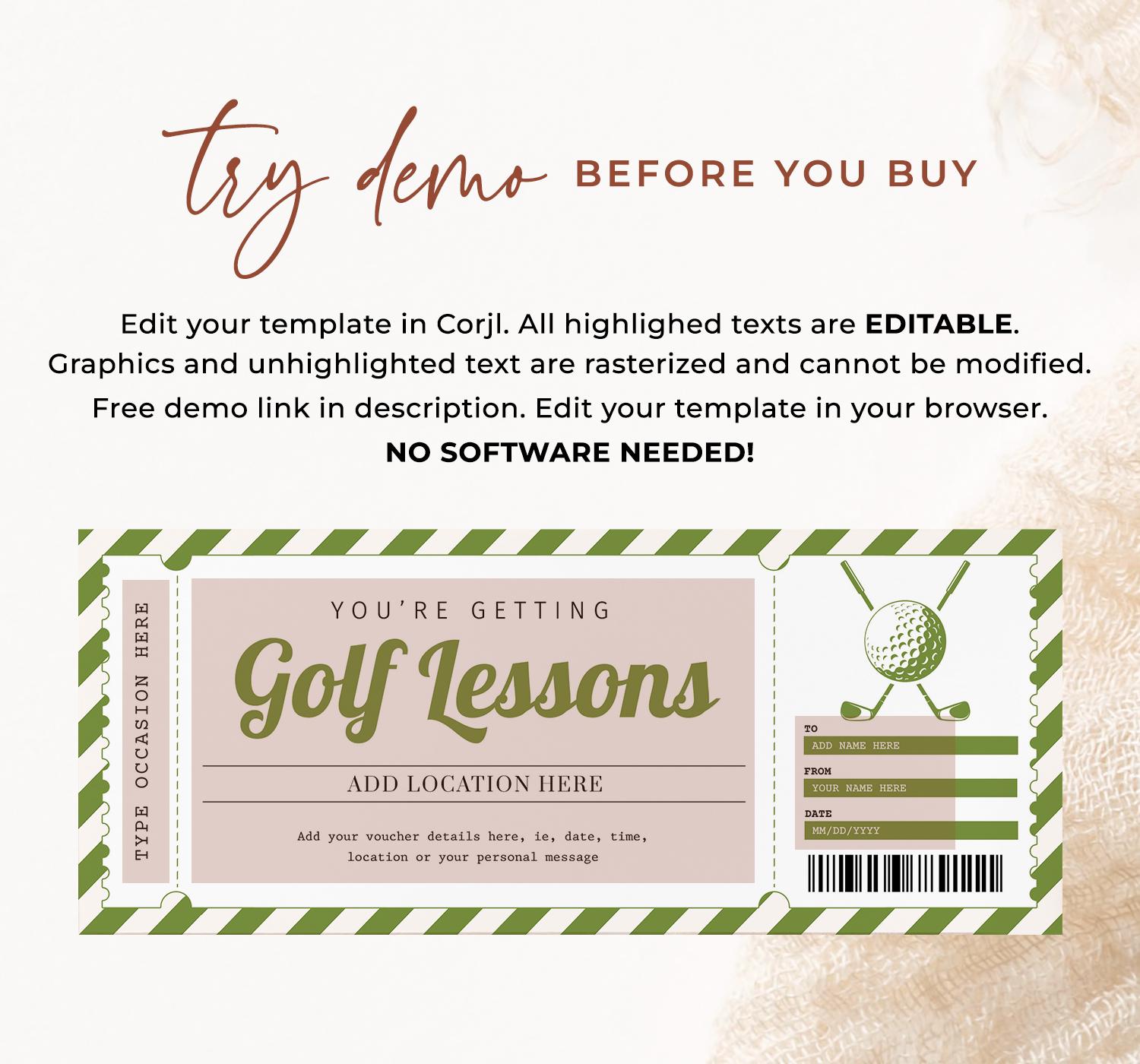Golf Lesson Certificate EDITABLE, Golfing Lesson Gift Voucher Printable ...