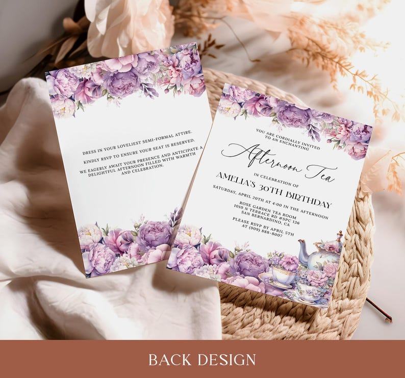 Purple Afternoon Tea Birthday Invitation EDITABLE, Lavender Floral High ...