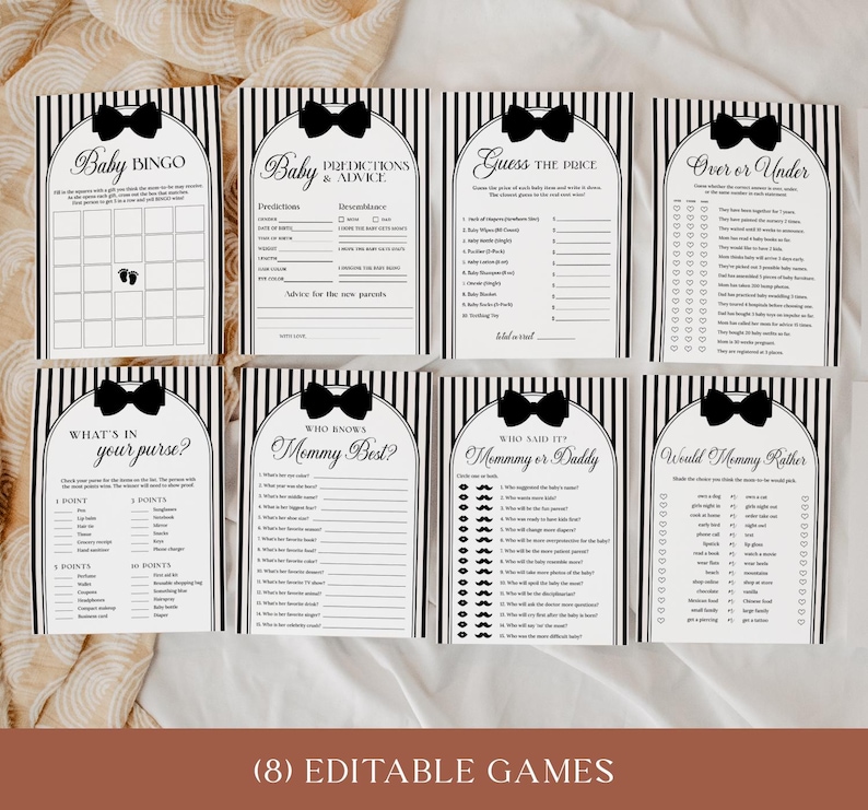 Little Gentleman Baby Shower Games Bundle, Editable Black Bow Tie Baby ...