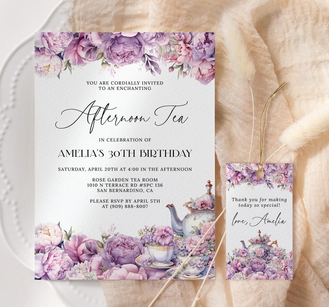Purple Afternoon Tea Birthday Invitation EDITABLE, Lavender Floral High ...