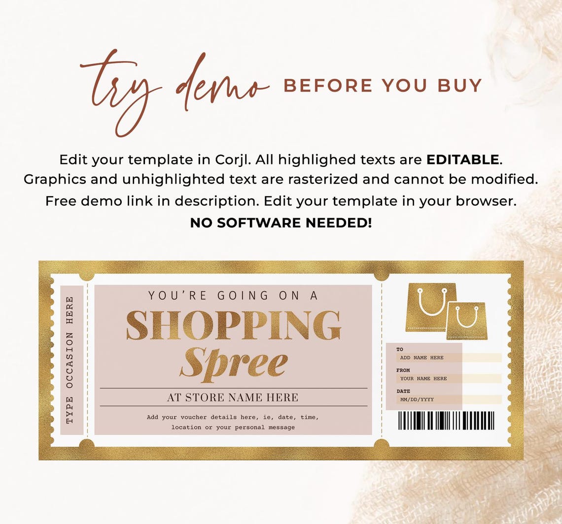 Shopping Spree Gold Certificate EDITABLE, Shopping Day Voucher ...