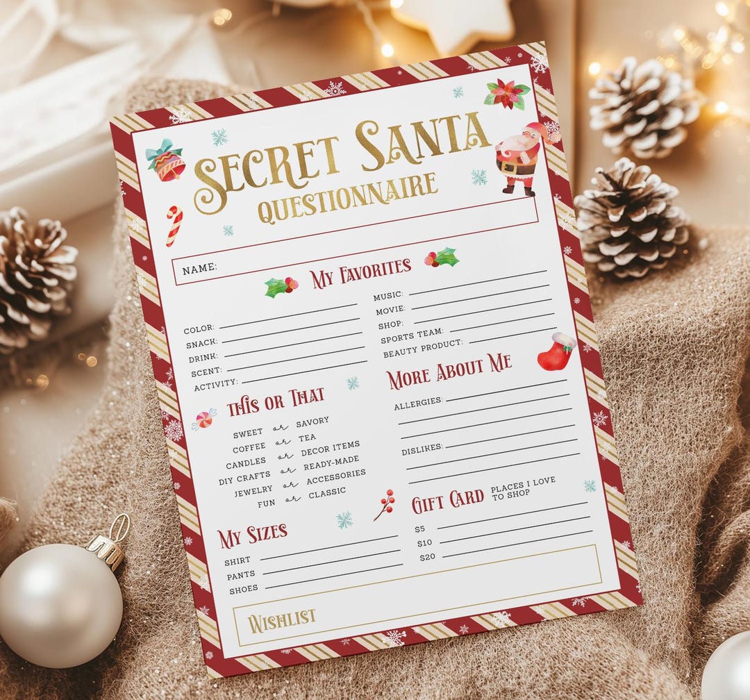 Secret Santa Questionnaire EDITABLE, Printable Christmas Gift Exchange ...