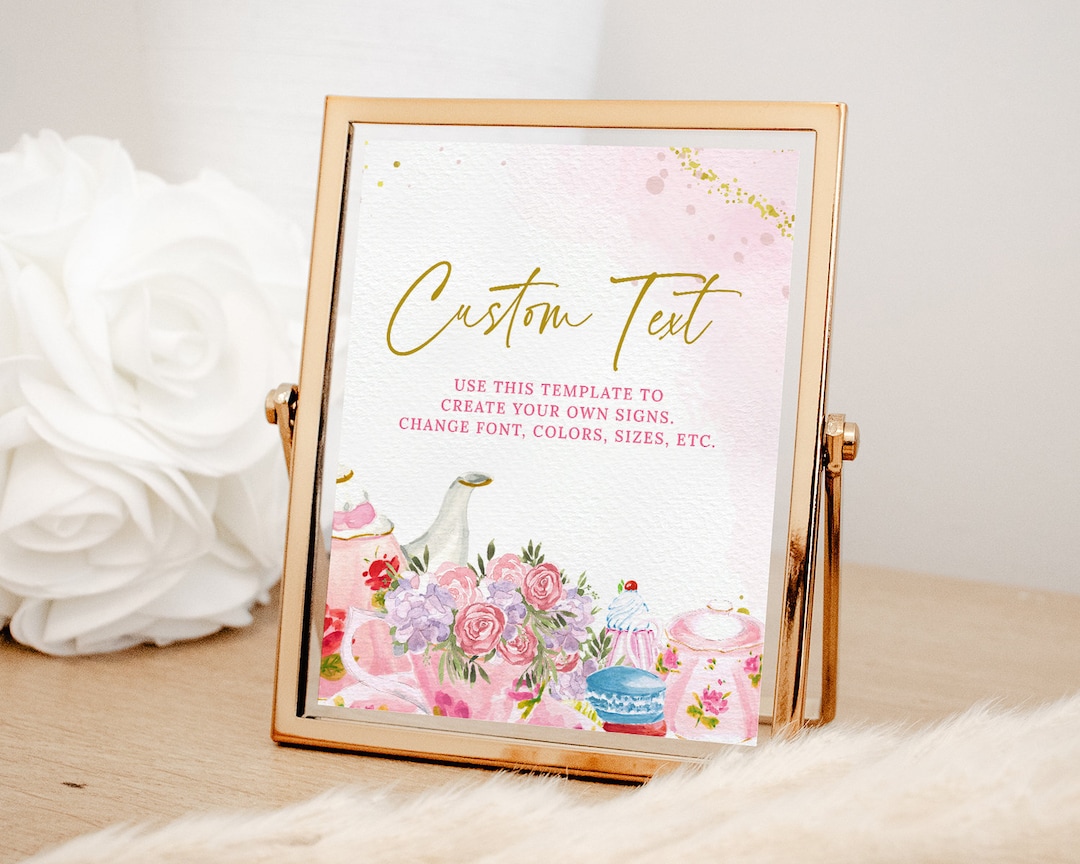 Tea Party Custom Sign EDITABLE, Pink Gold Birthday Par-tea Banner ...