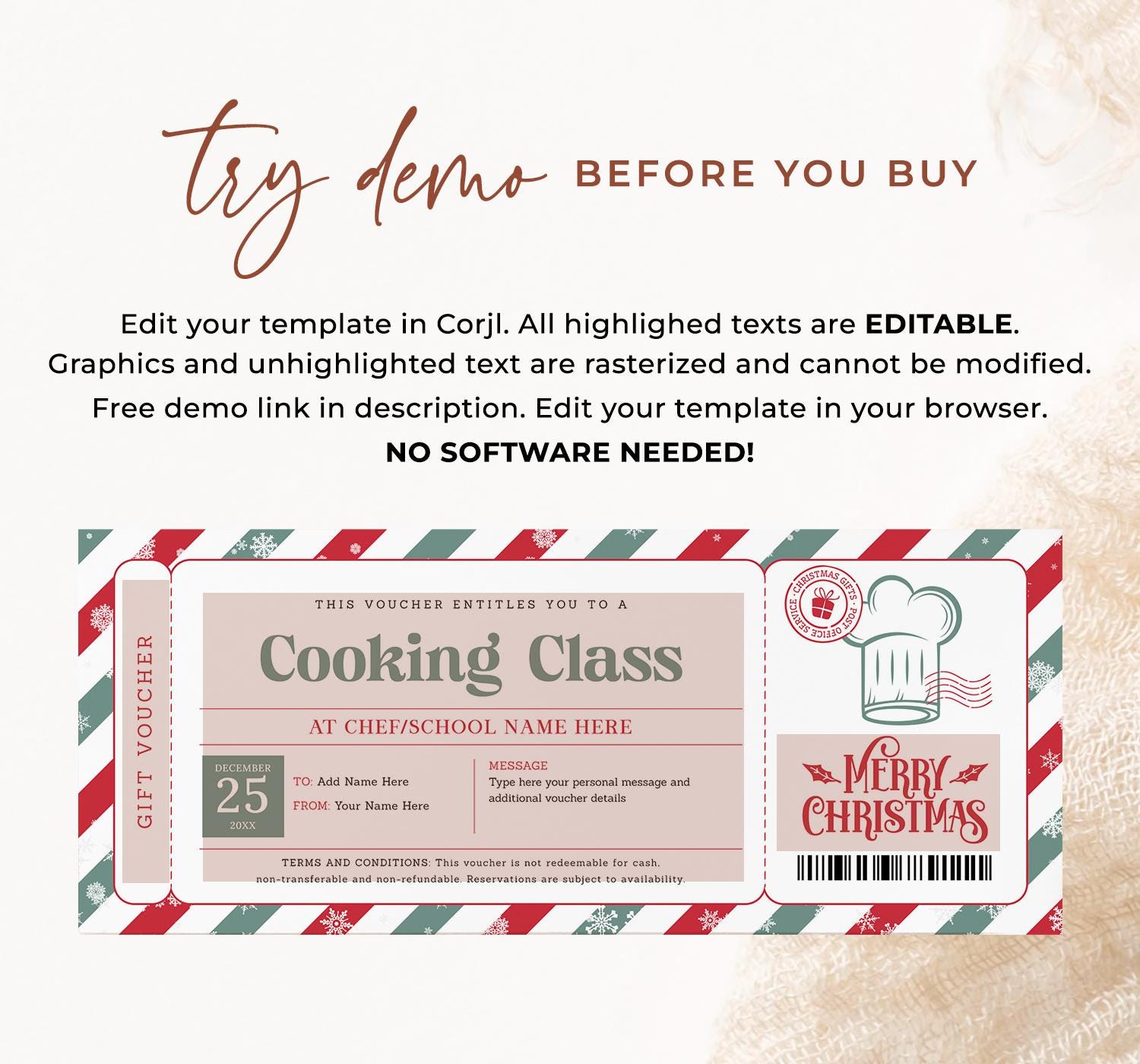 Cooking Class Christmas Gift Voucher EDITABLE, Cooking Lesson ...