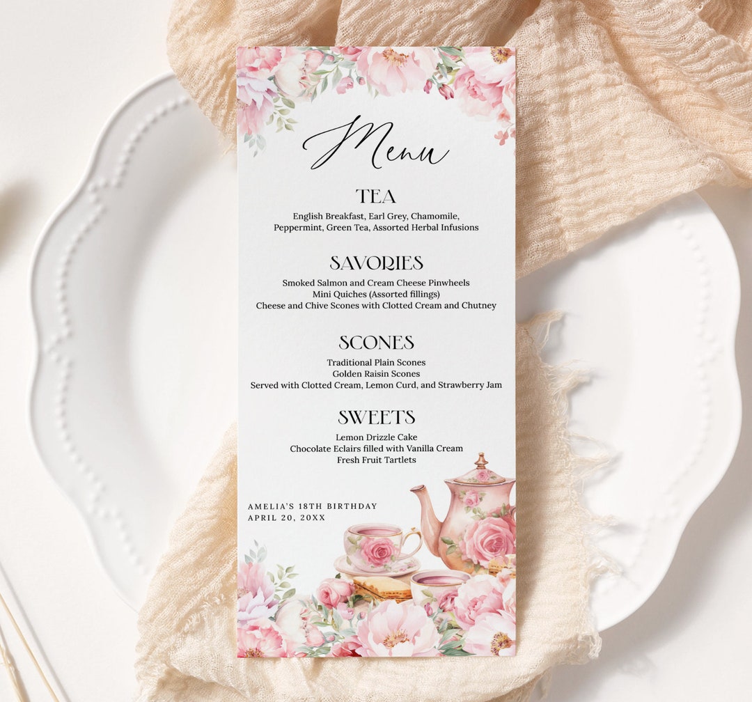 Floral Tea Party Menu Template EDITABLE, Blush Pink High Tea Menu Cards ...