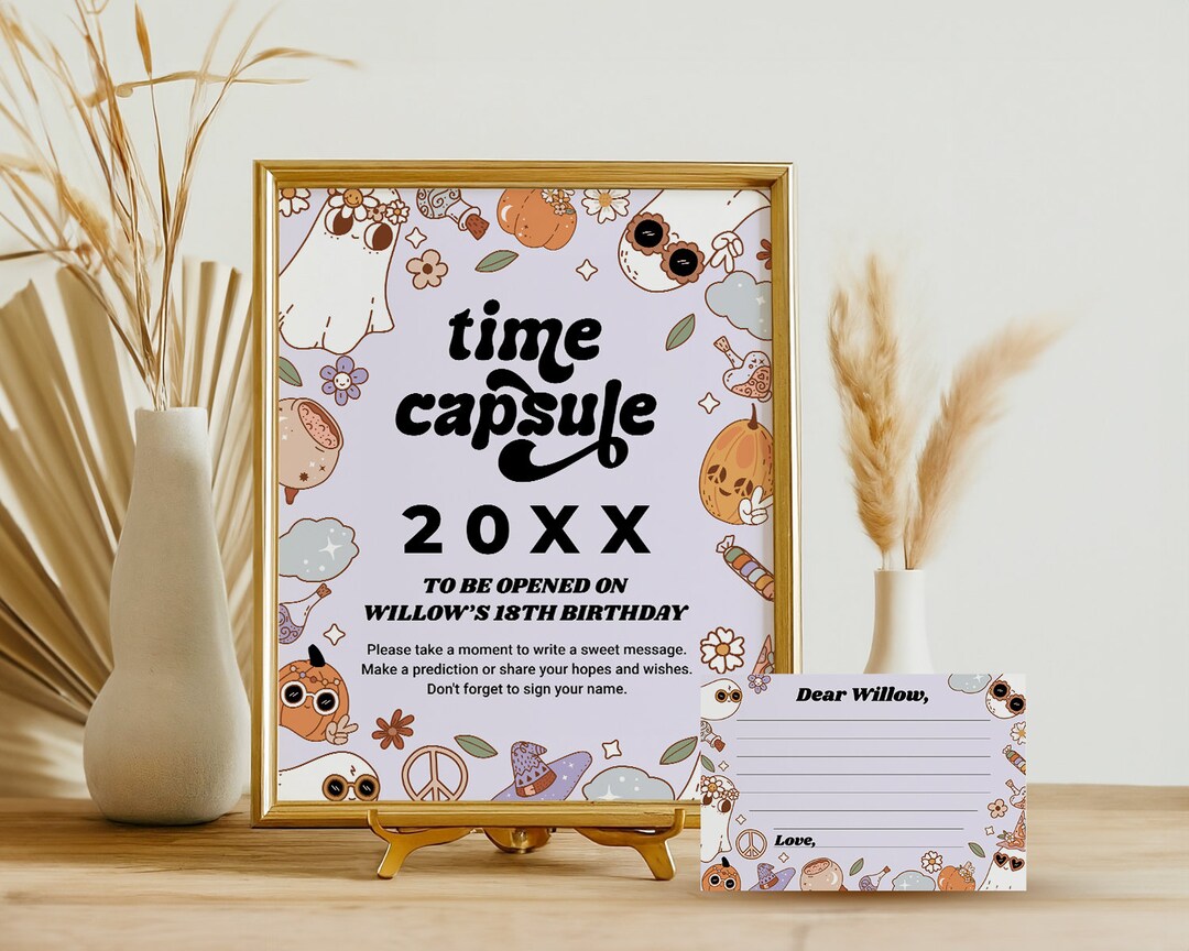 Halloween Time Capsule Sign EDITABLE, Groovy Purple Halloween Birthday ...