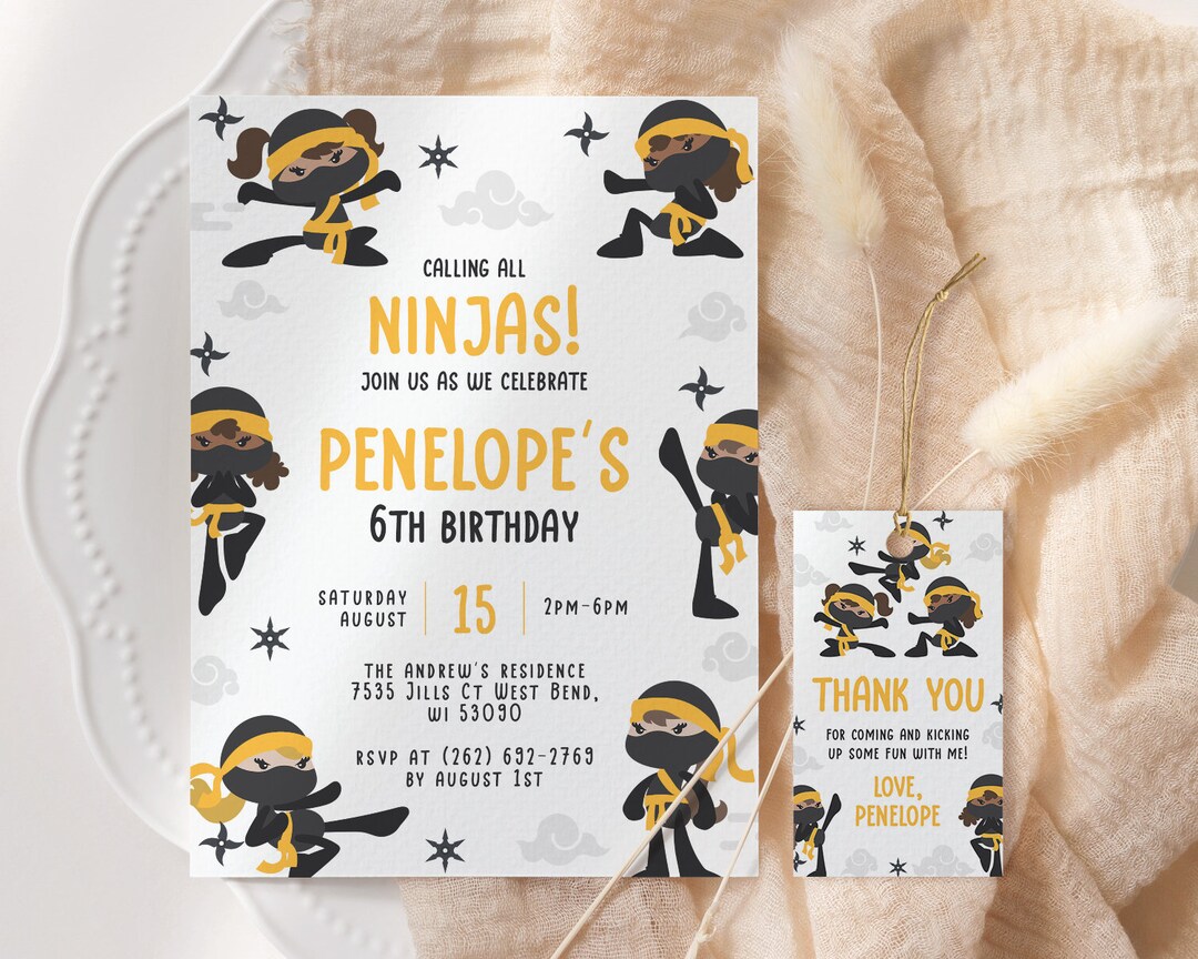 Girl Ninja Birthday Invitation EDITABLE, Printable Yellow Martial Arts ...