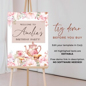 Floral Tea Party Welcome Sign EDITABLE, Blush Pink High Tea Welcome ...