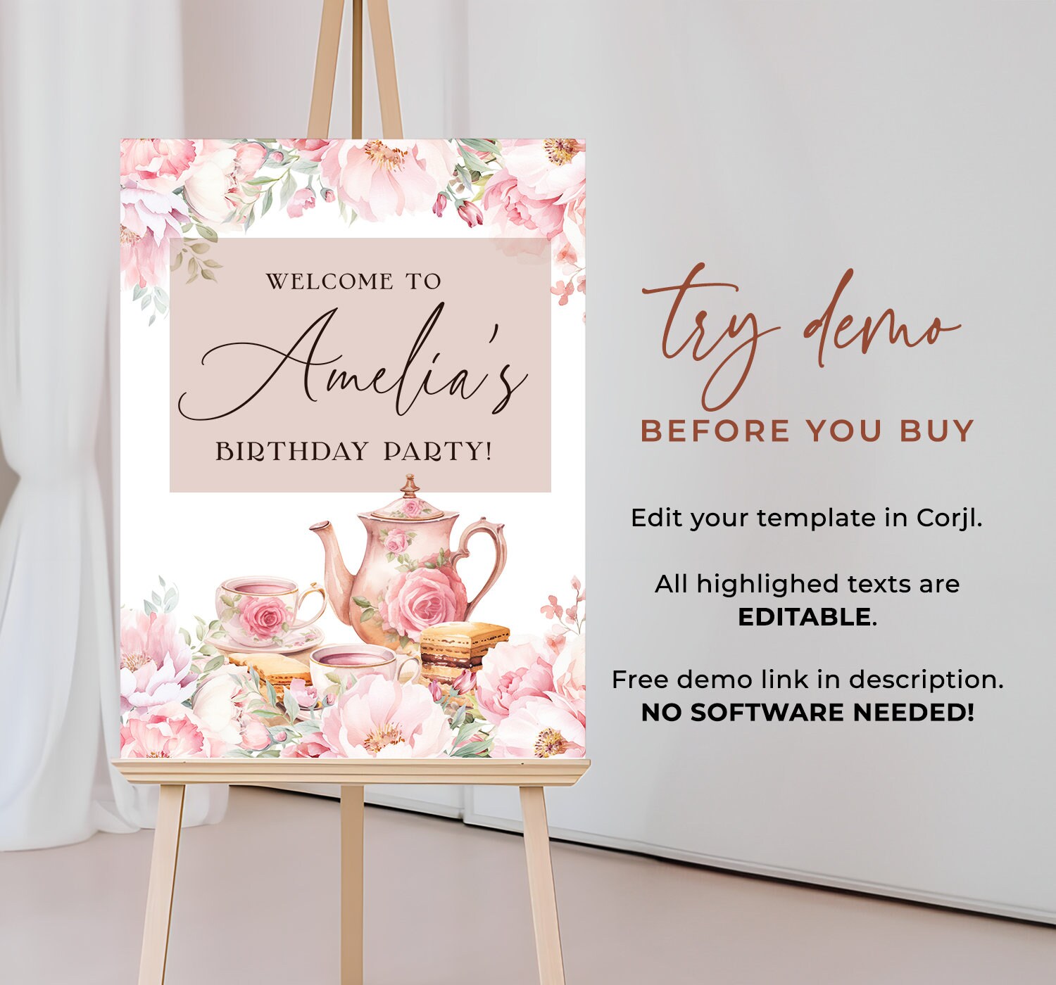Floral Tea Party Welcome Sign EDITABLE, Blush Pink High Tea Welcome ...