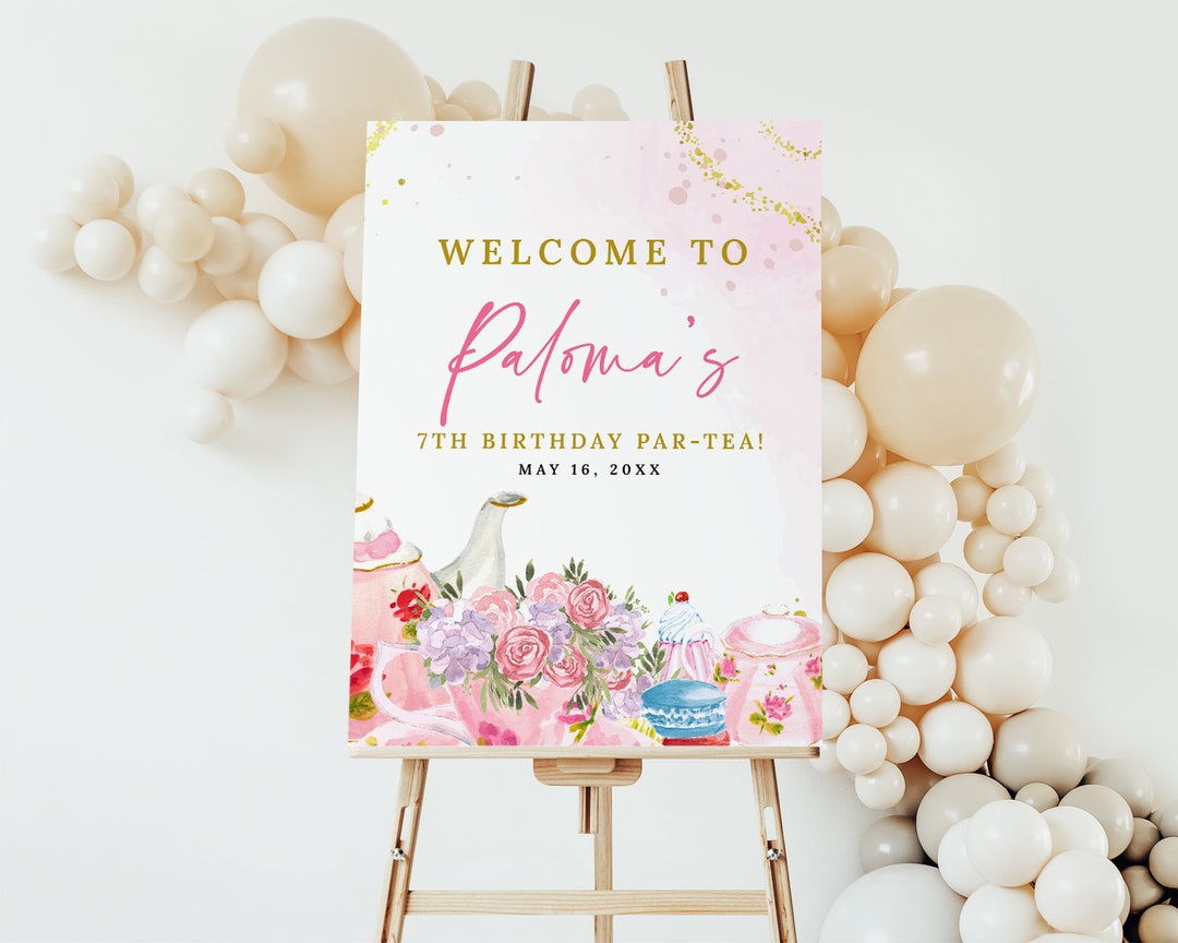 Tea Party Welcome Sign EDITABLE, Pink Gold Birthday Par-tea Banner ...