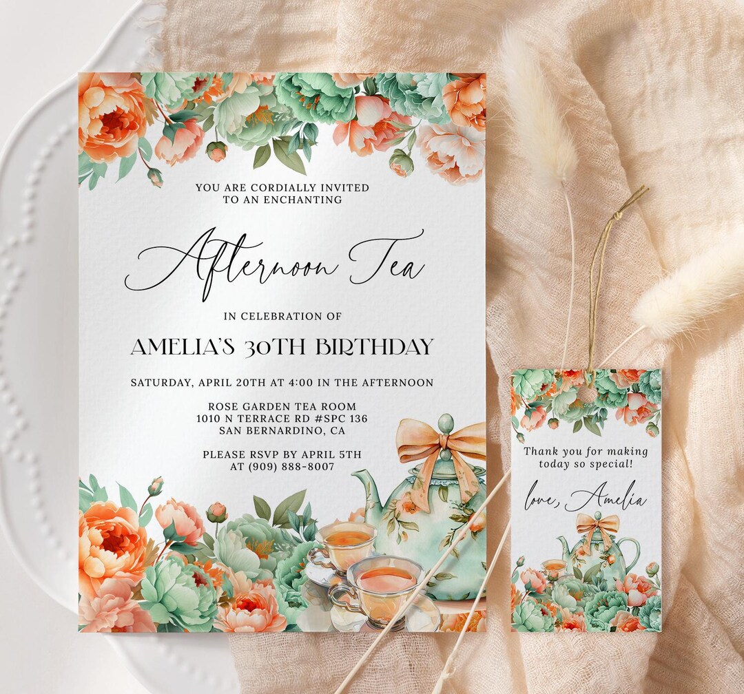 Afternoon Tea Party Birthday Invitation EDITABLE, Orange Green Floral ...
