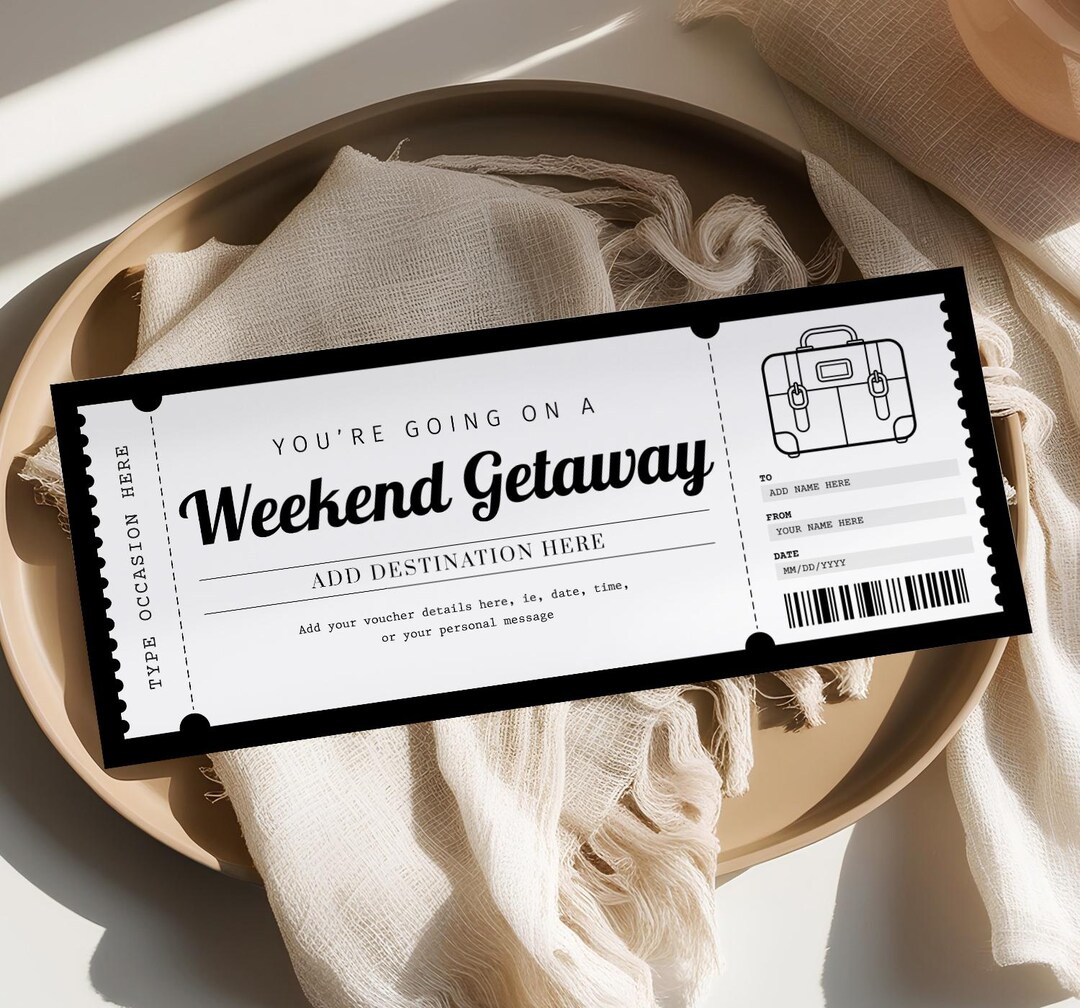 Weekend Getaway Gift Voucher EDITABLE, Weekend Away Ticket, Birthday ...