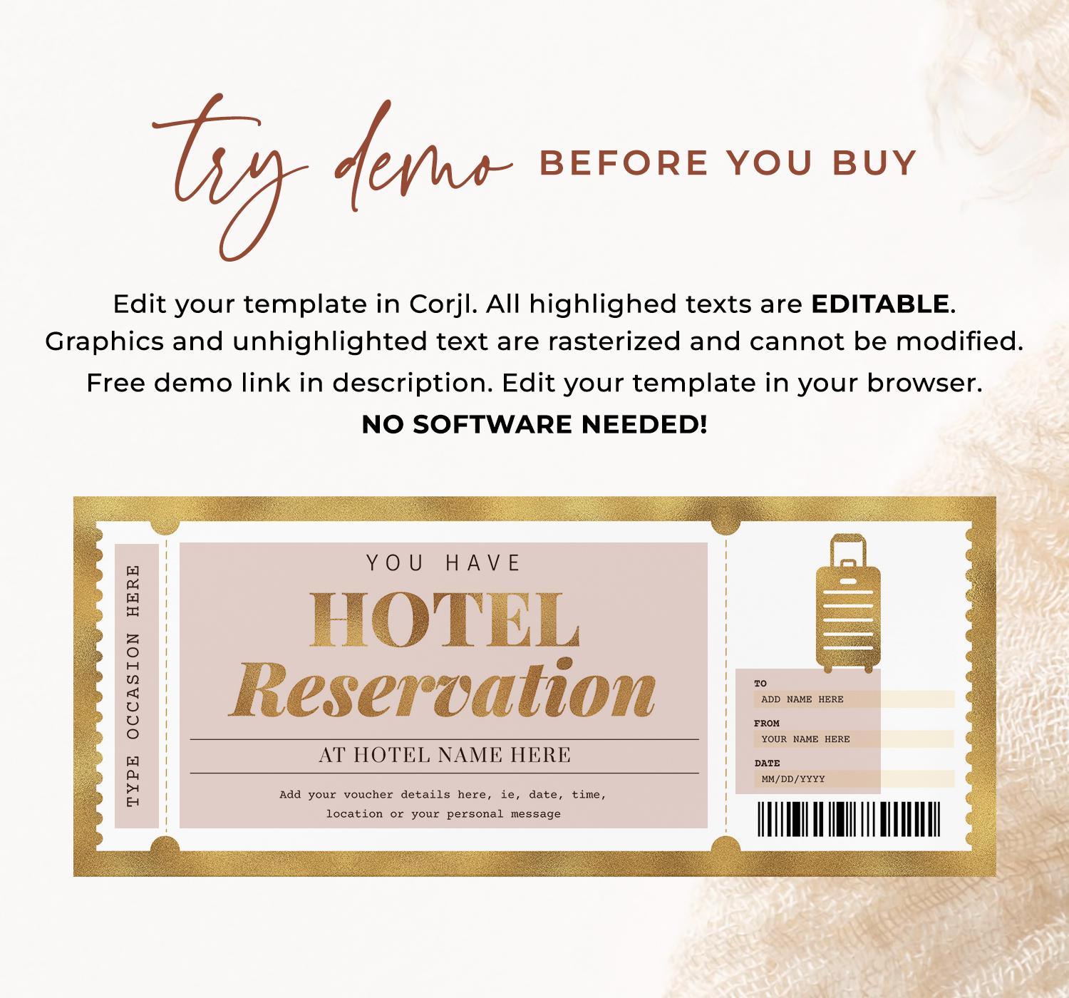 Hotel Reservation Certificate EDITABLE, Hotel Stay Gift Voucher ...