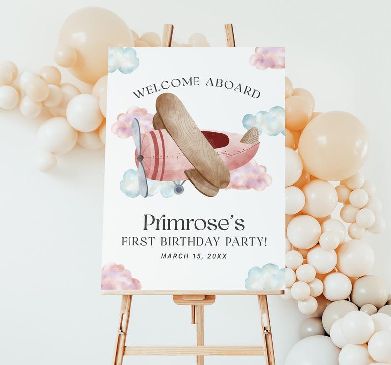 Pink Airplane Party Welcome Sign EDITABLE, Vintage Pink Airplane ...