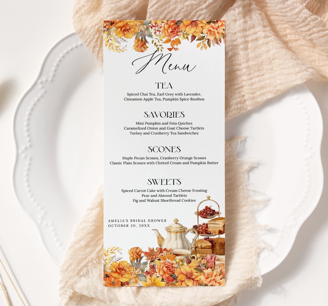 Autumn Floral Tea Party Menu Template EDITABLE, Fall High Tea Menu Card ...