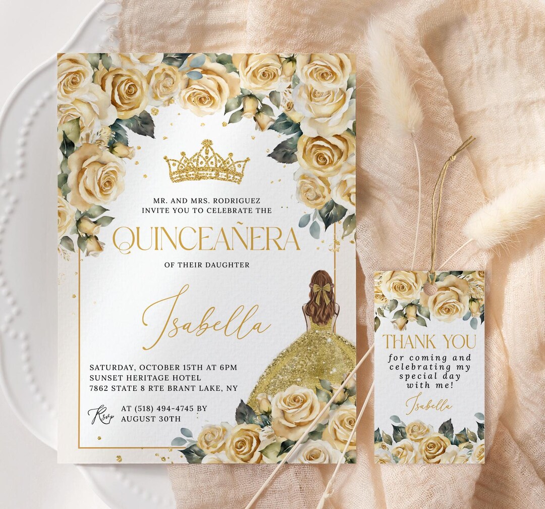 Yellow Floral Quinceañera Invitation EDITABLE, Gold Princess Mis Quince ...