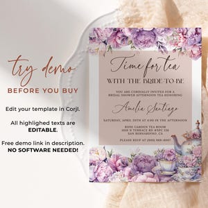 Purple Time for Tea With the Bride to Be Invitation EDITABLE, Floral ...