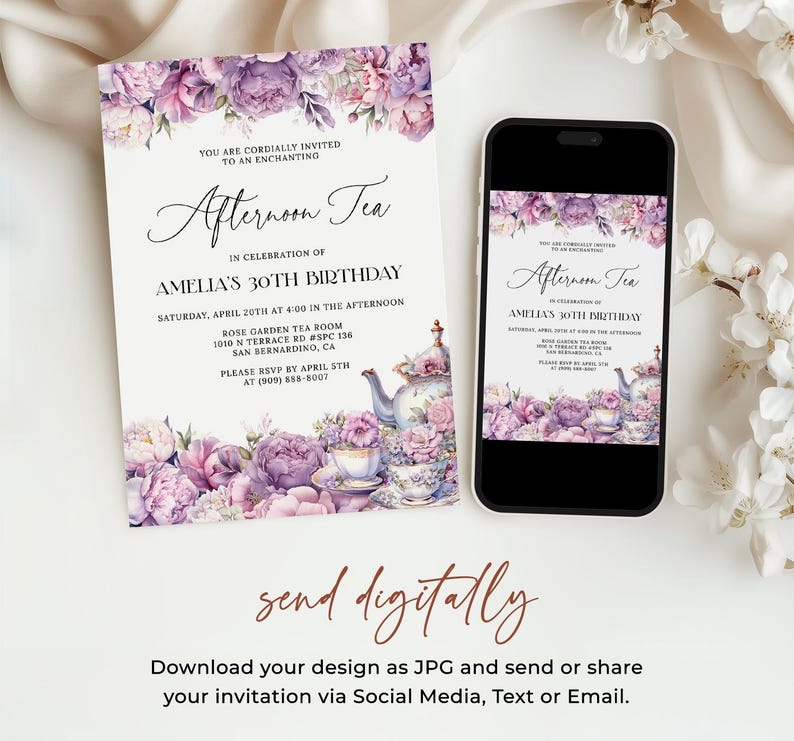 Purple Afternoon Tea Birthday Invitation EDITABLE, Lavender Floral High ...