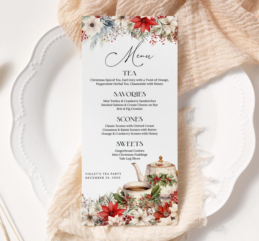 Christmas Tea Party Menu Template EDITABLE, Holiday Tea Party Menu ...