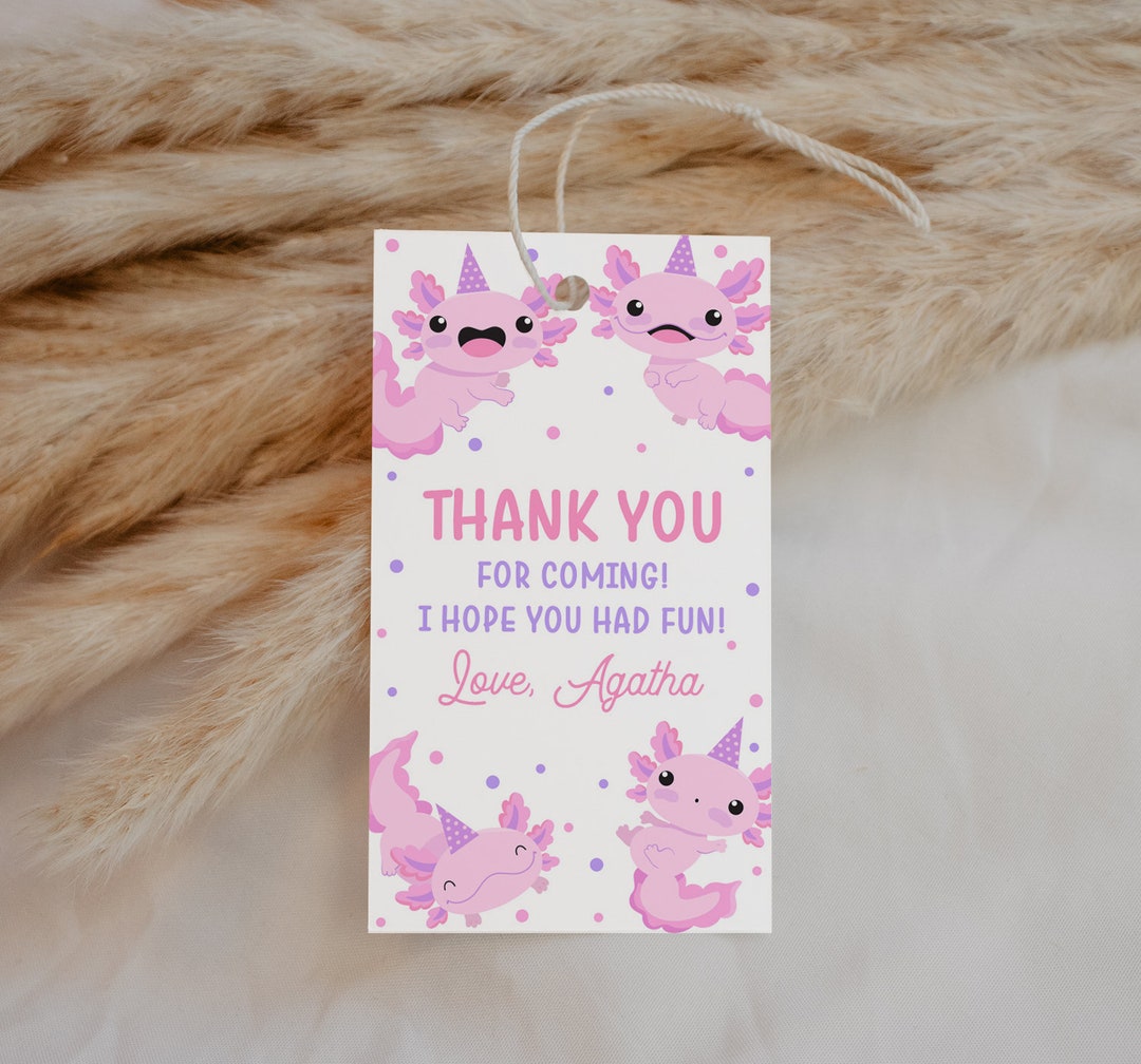 Axolotl Birthday Favor Tag EDITABLE, Pink Cute Axolotl Birthday Party ...