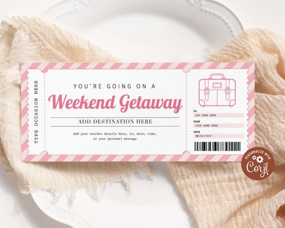Weekend Getaway Pink Voucher EDITABLE, Weekend Away Trip Ticket ... Weekend Getaway Pink Voucher EDITABLE, Weekend Away Trip Ticket ...