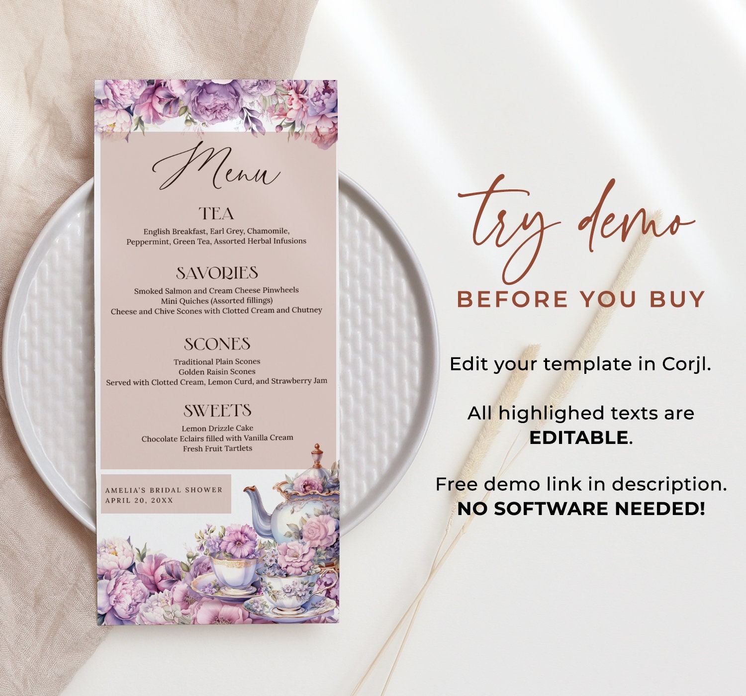 Purple Floral Tea Party Menu Template EDITABLE, High Tea Menu Cards ...