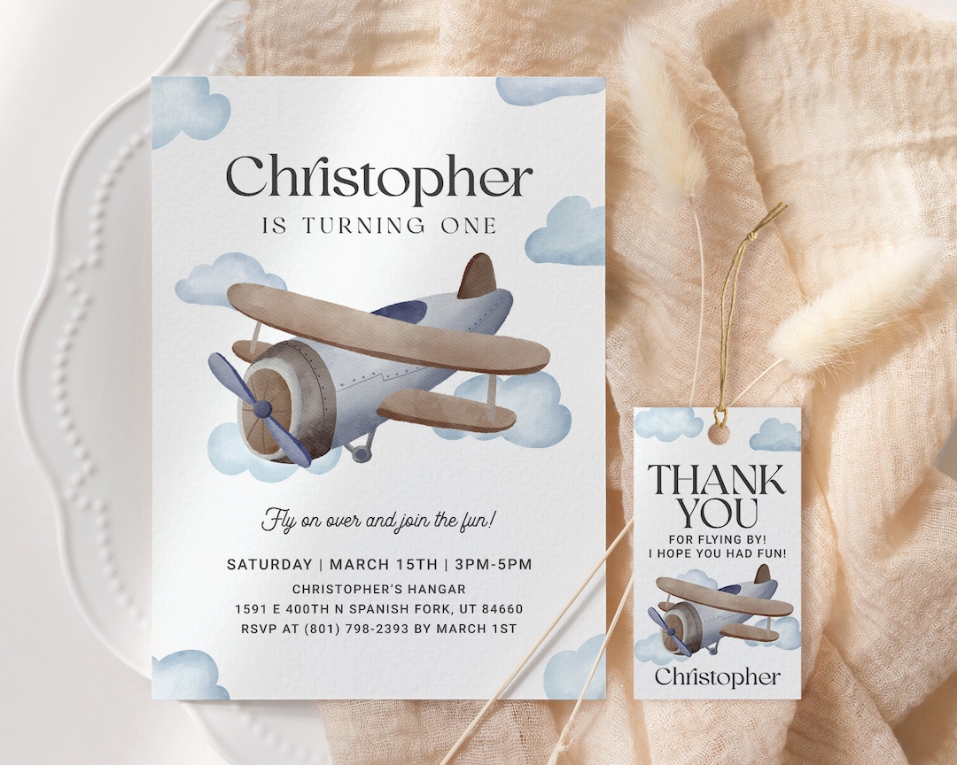Airplane Birthday Invitation EDITABLE, Vintage Airplane Party Invite ...