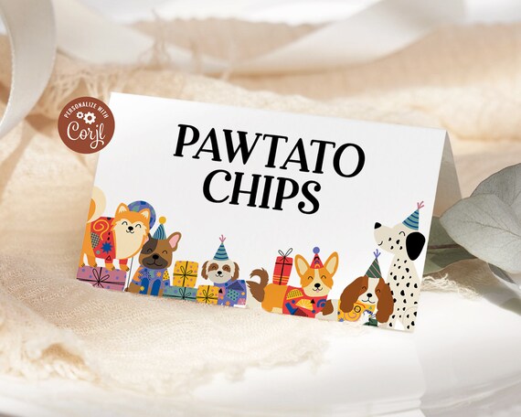 Dog Party Food Labels EDITABLE, Lets Pawty Birthday Place Card Tent ...