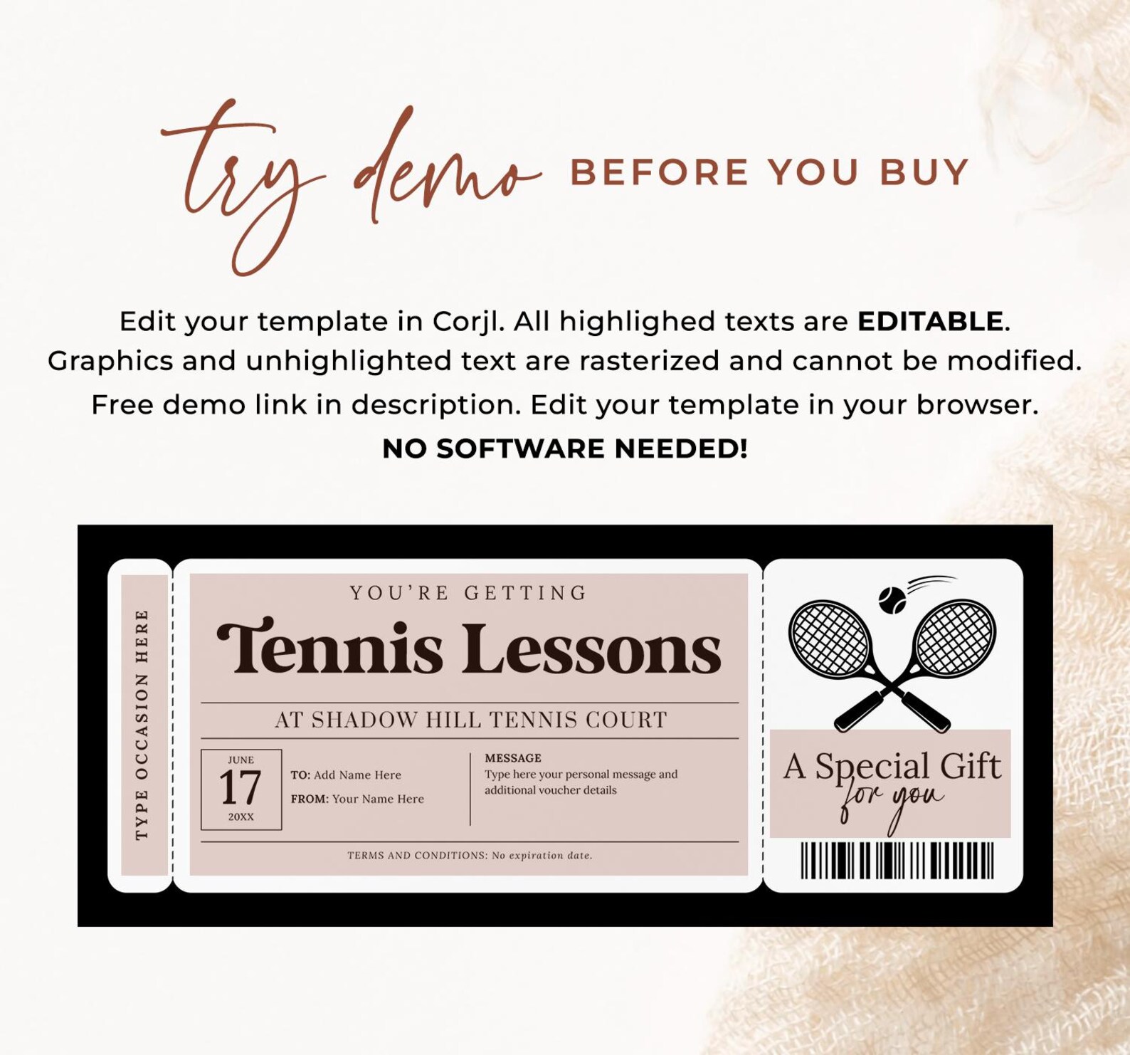 Tennis Lesson Gift Certificate EDITABLE, Tennis Lesson Voucher ...