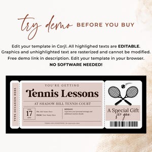 Tennis Lesson Gift Certificate EDITABLE, Tennis Lesson Voucher ...