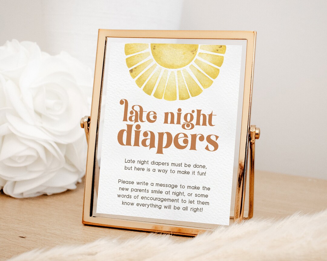Sunshine Late Night Diapers Sign, Retro Sun Baby Shower Game Printable ...