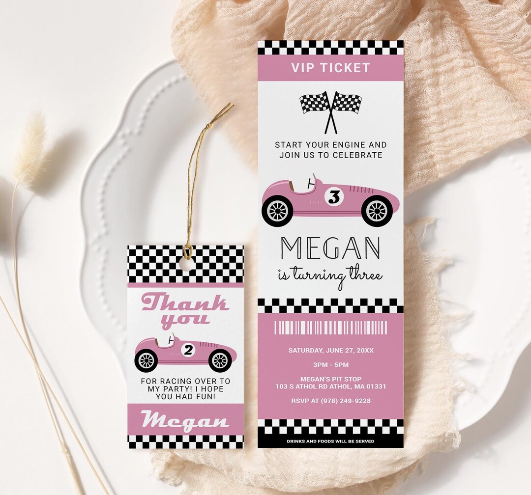 Pink Race Car Birthday Ticket Invitation EDITABLE, Girl Racing Birthday ...