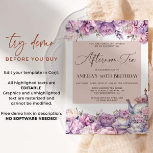 Purple Afternoon Tea Birthday Invitation EDITABLE, Lavender Floral High ...