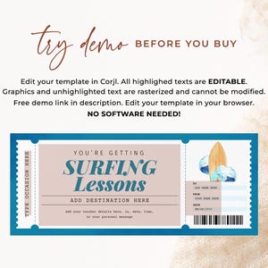 Surfing Lessons Voucher EDITABLE, Surfing Gift Certificate Printable ...