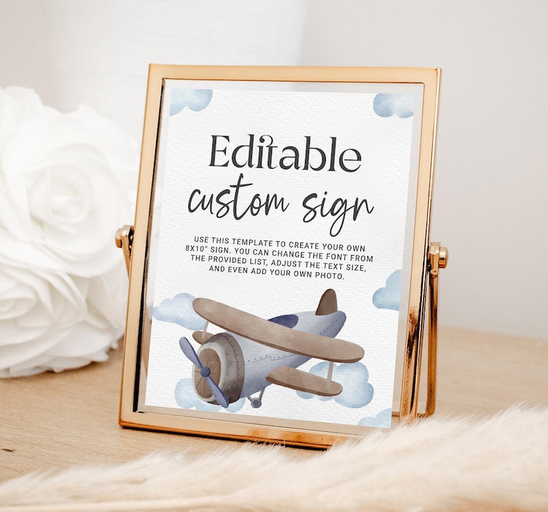 Custom Airplane Party Sign, EDITABLE Sign Template, Vintage Airplane ...