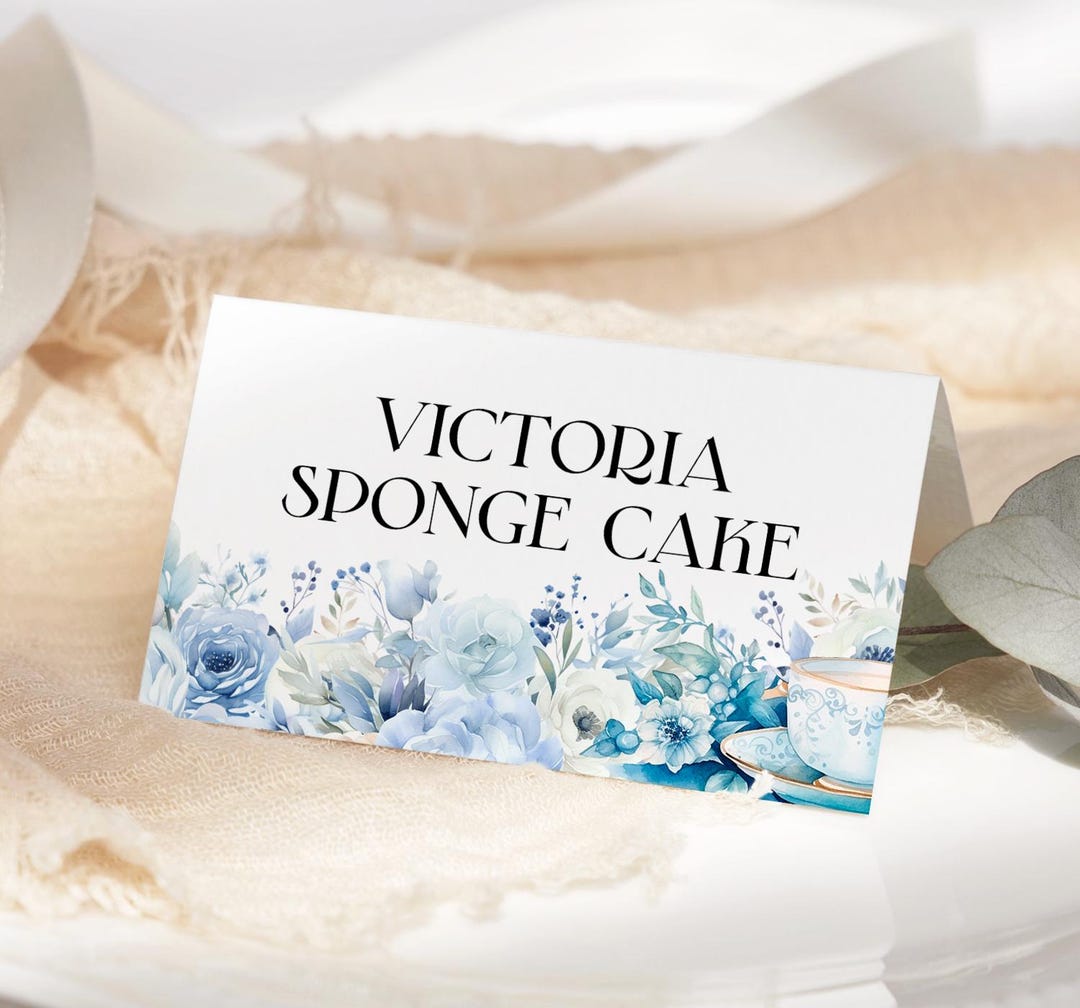 Blue Floral Tea Party Food Labels EDITABLE, High Tea Place Card ...