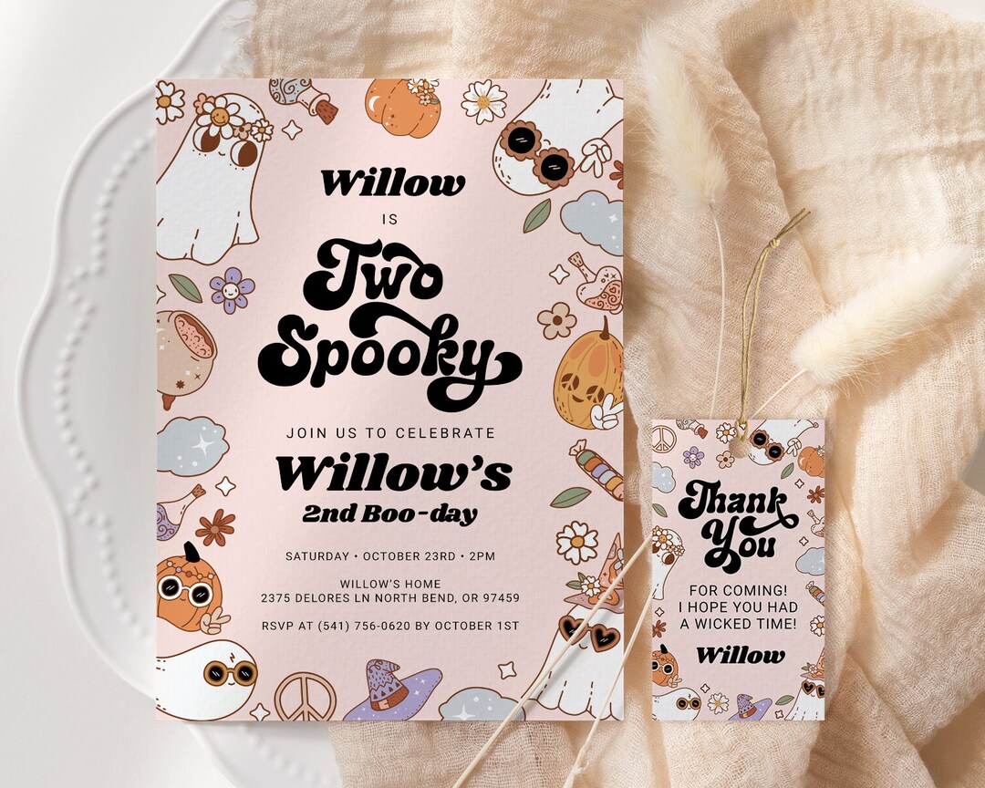 Two Spooky Birthday Invitation EDITABLE, Groovy Halloween 2nd Birthday ...