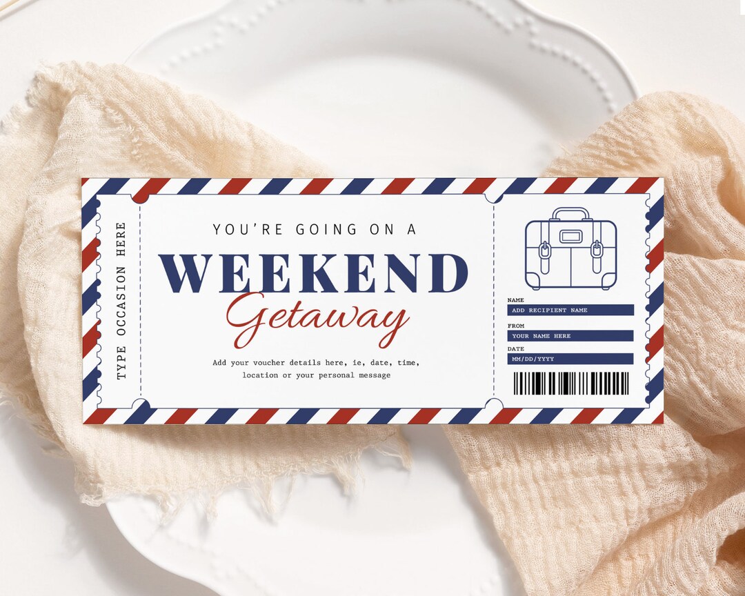 Weekend Getaway Gift Voucher EDITABLE, Surprise Weekend Away Ticket ...