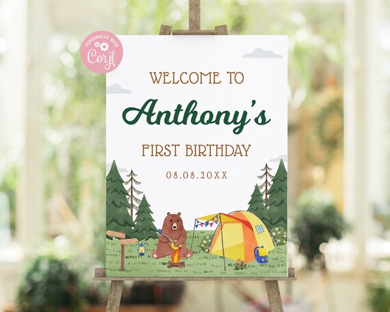 One Happy Camper Welcome Sign EDITABLE, First Birthday Welcome Banner ...